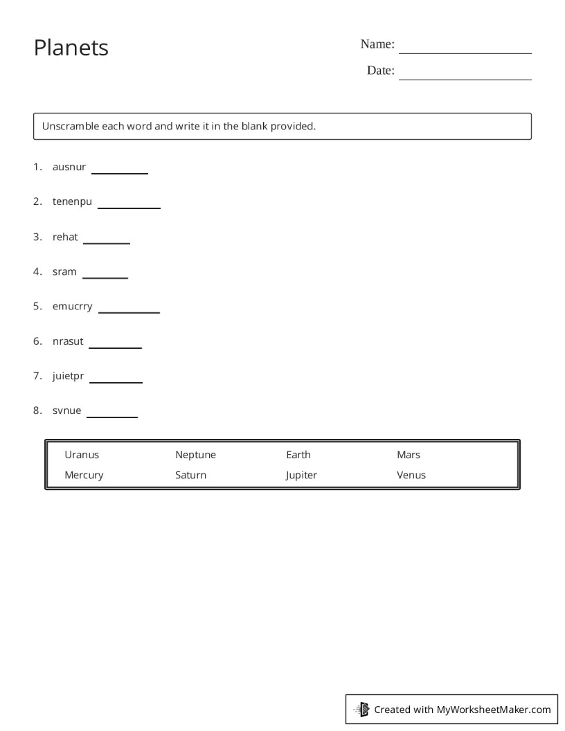 Planets - My Worksheet Maker: Create Your Own Worksheets
