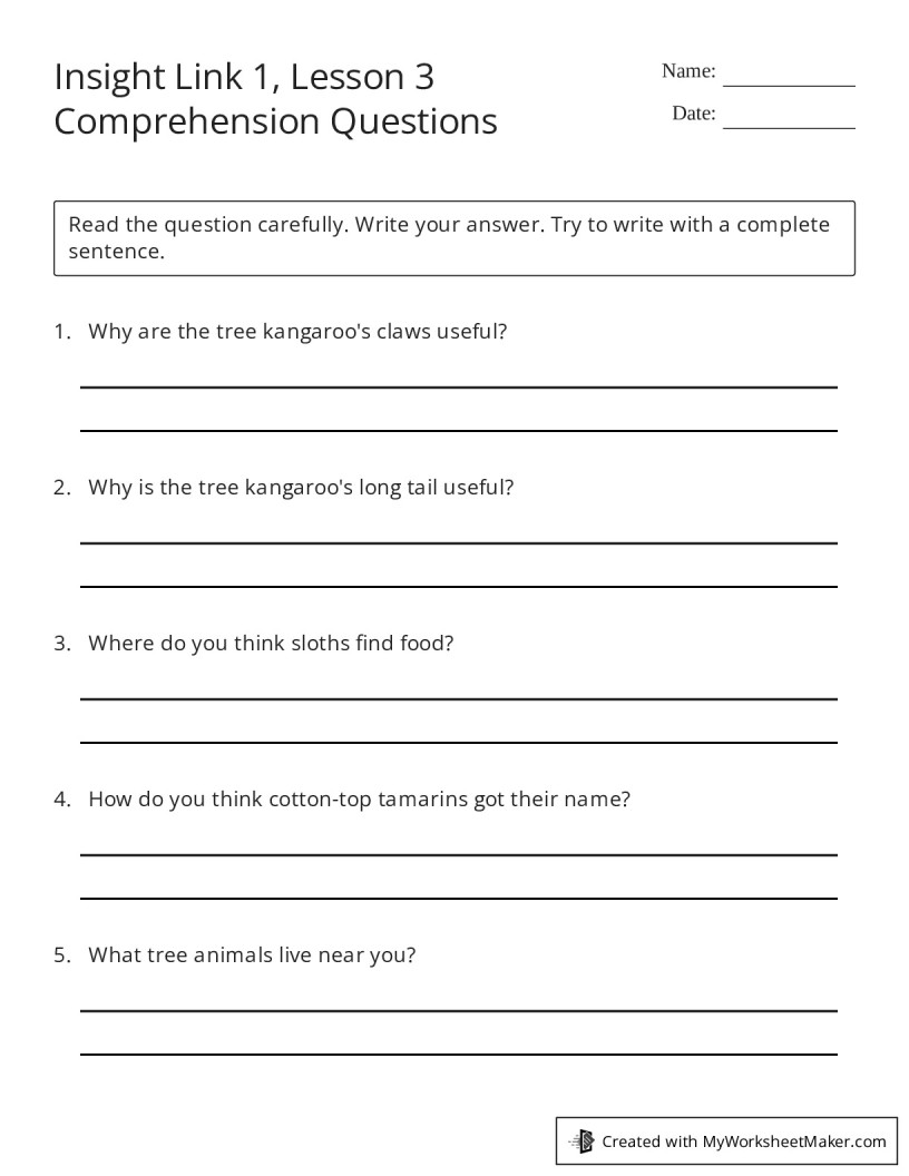 Insight Link 1, Lesson 3 Comprehension Questions - My Worksheet Maker ...