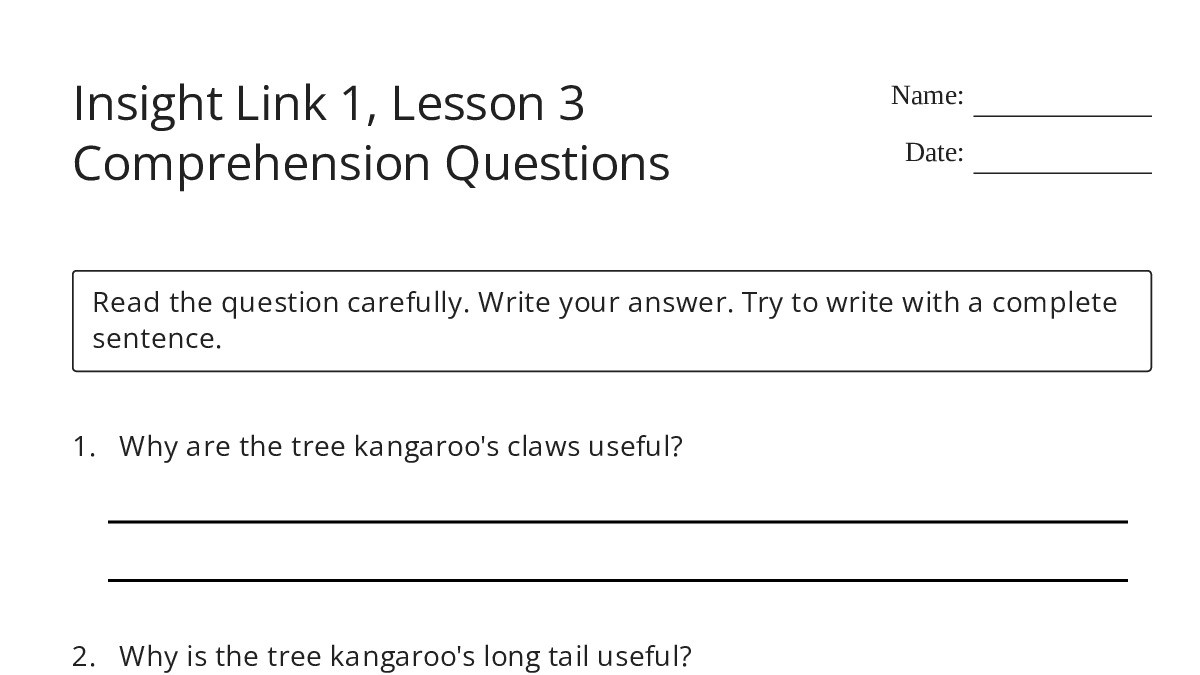 Insight Link 1, Lesson 3 Comprehension Questions - My Worksheet Maker ...