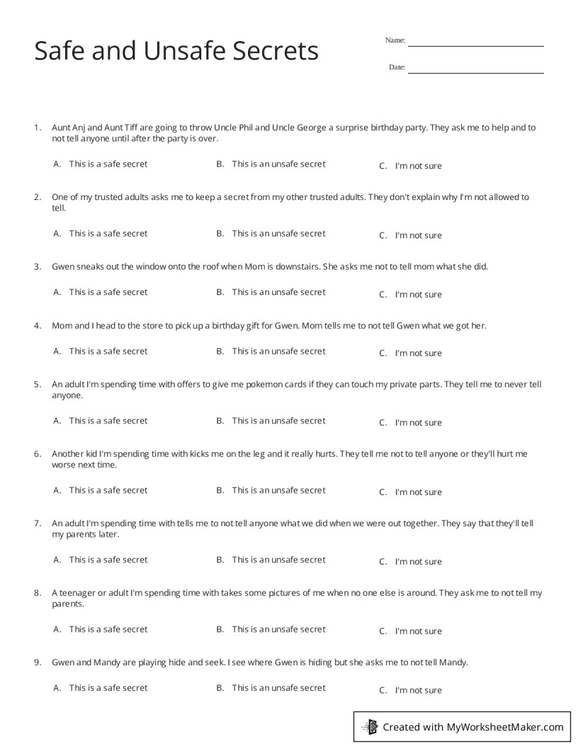 Safe and Unsafe Secrets - My Worksheet Maker: Create Your Own Worksheets