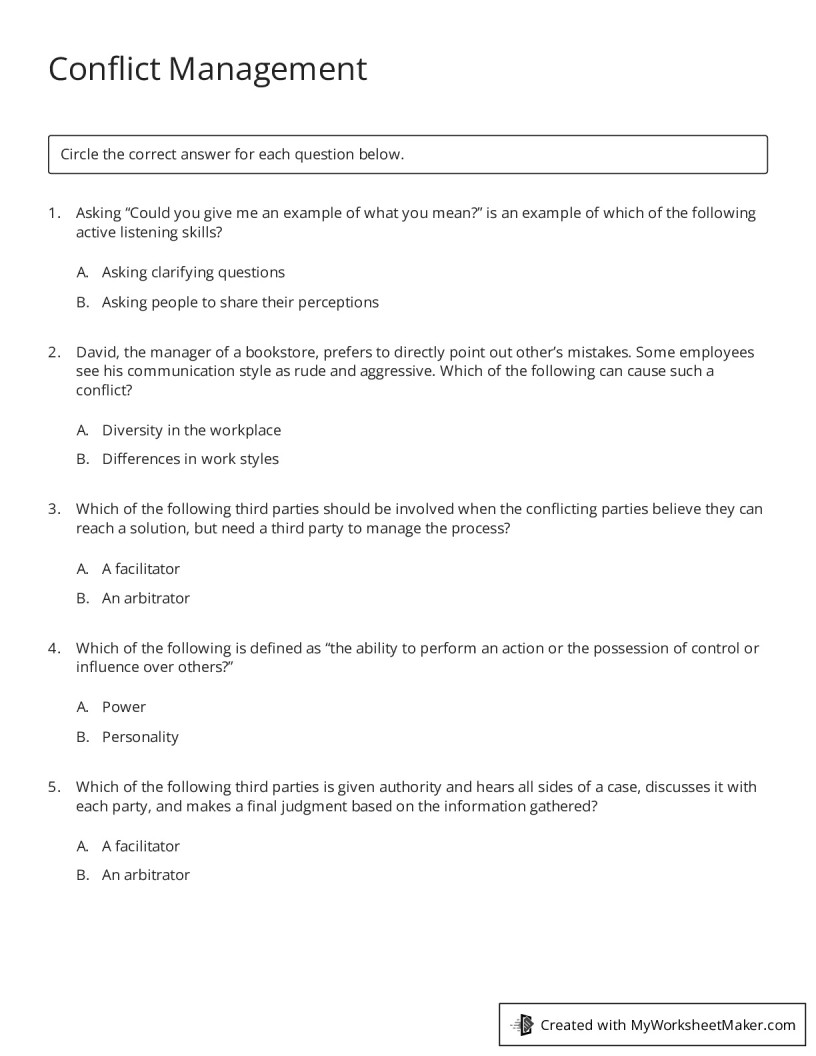 Conflict Management - My Worksheet Maker: Create Your Own Worksheets