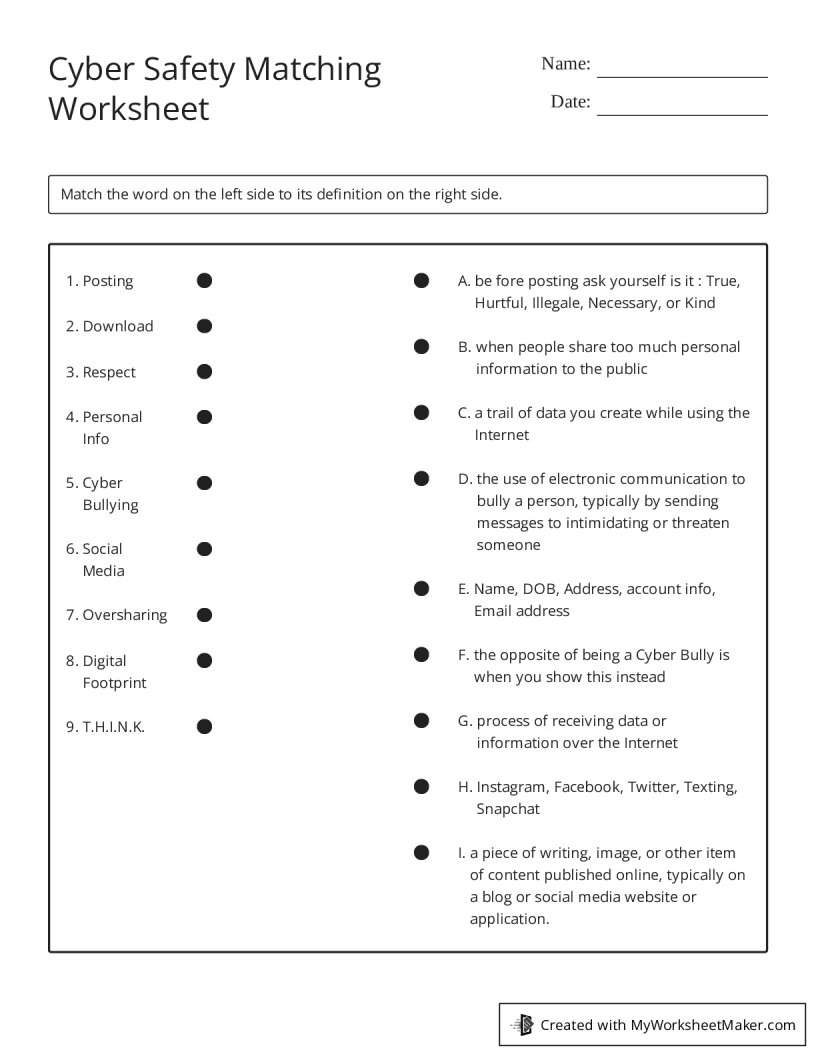 Cyber Safety Matching Worksheet My Worksheet Maker Create Your Own