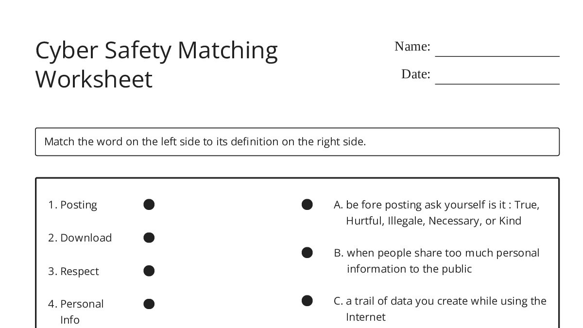 Cyber Safety Matching Worksheet - My Worksheet Maker: Create Your Own ...