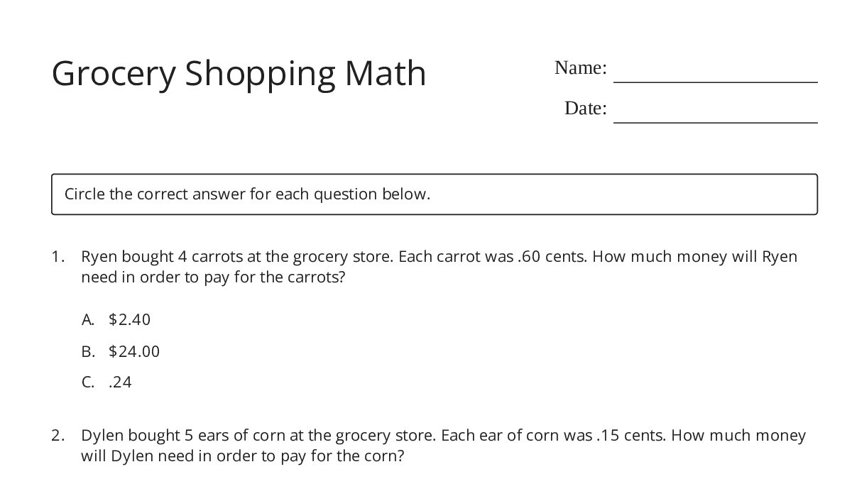 Grocery Shopping Math - My Worksheet Maker: Create Your Own Worksheets
