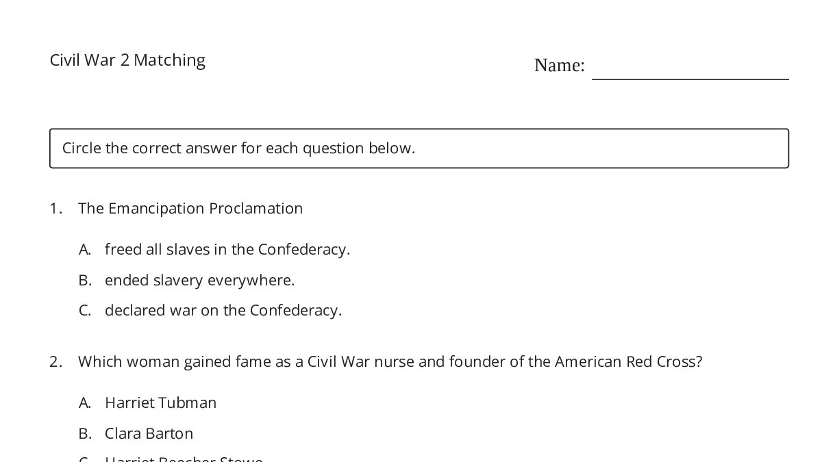Civil War 2 Matching - My Worksheet Maker: Create Your Own Worksheets