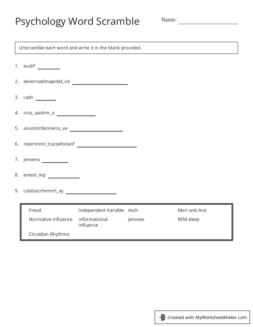 Psychology Word Scramble - My Worksheet Maker: Create Your Own Worksheets
