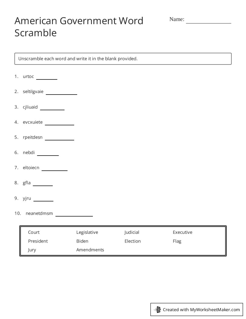 American Government Word Scramble - My Worksheet Maker: Create Your Own ...
