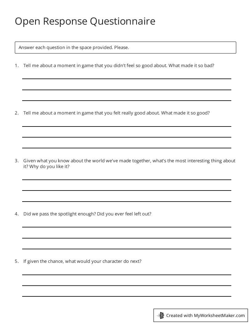 Open Response Questionnaire - My Worksheet Maker: Create Your Own ...