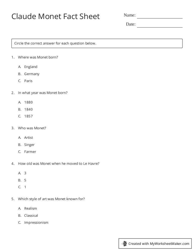 Claude Monet Fact Sheet - My Worksheet Maker: Create Your Own Worksheets