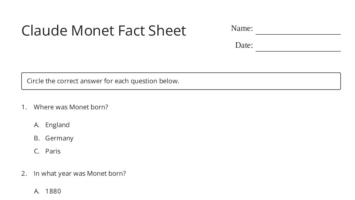 Claude Monet Fact Sheet - My Worksheet Maker: Create Your Own Worksheets