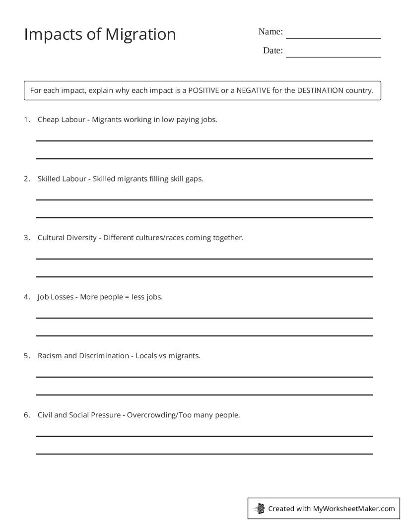 Impacts of Migration - My Worksheet Maker: Create Your Own Worksheets