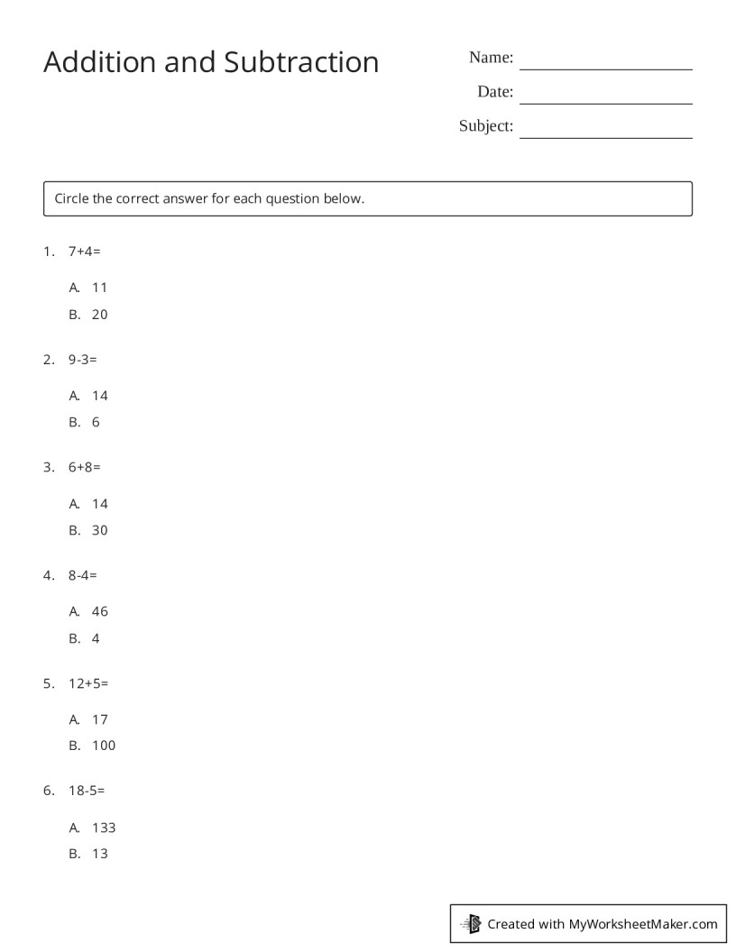 Addition and Subtraction - My Worksheet Maker: Create Your Own Worksheets