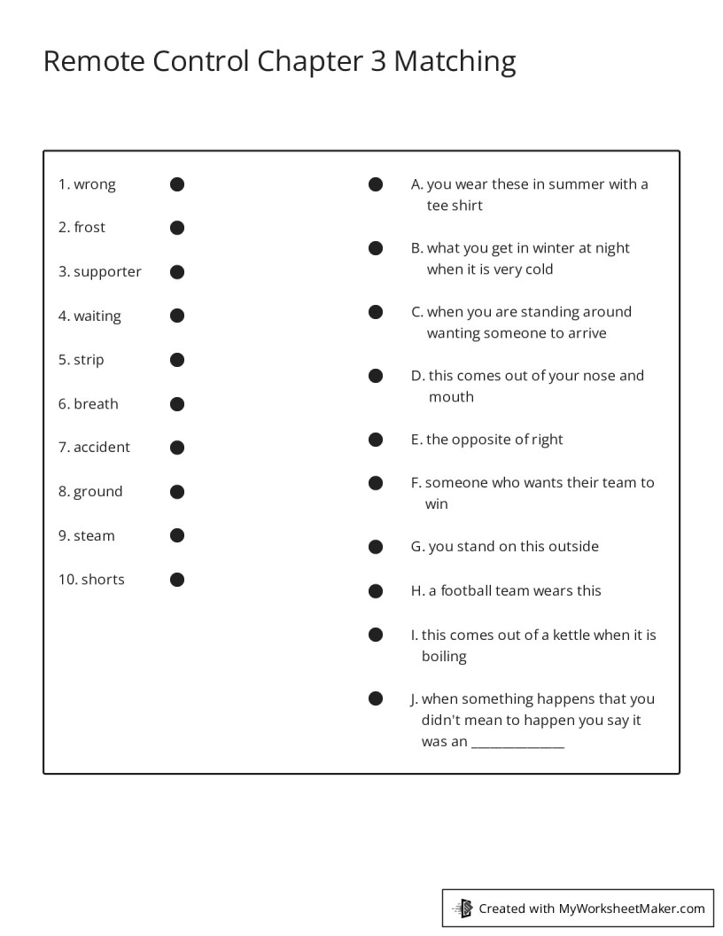 Remote Control Chapter 3 Matching - My Worksheet Maker: Create Your Own ...