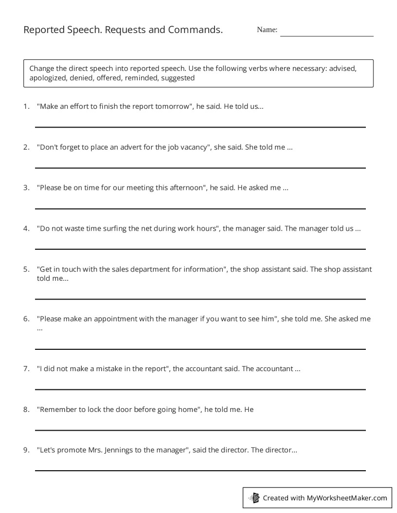 Reported Speech. Requests and Commands. - My Worksheet Maker: Create ...