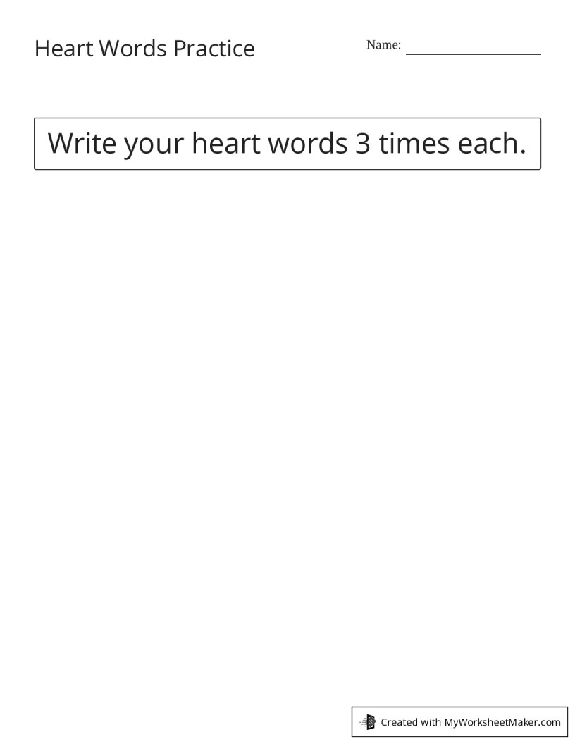Heart Words Practice - My Worksheet Maker: Create Your Own Worksheets