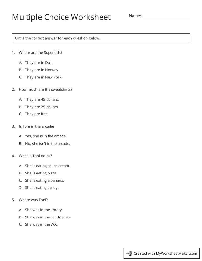 Multiple Choice Worksheet - My Worksheet Maker: Create Your Own Worksheets
