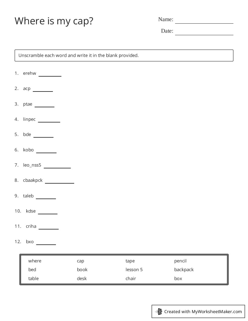Where is my cap? - My Worksheet Maker: Create Your Own Worksheets