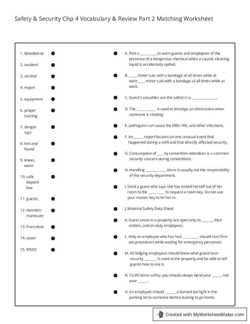 Safety & Security Chp 4 Vocabulary & Review Part 2 Matching Worksheet ...