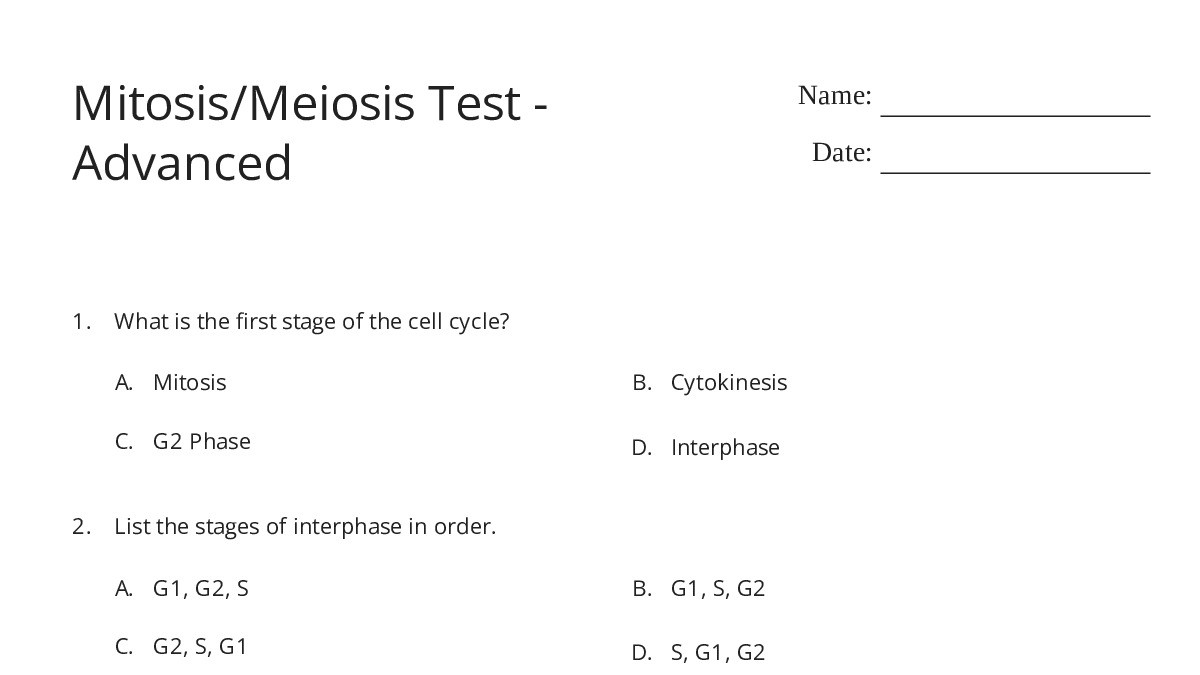 Mitosis/Meiosis Test - Advanced - My Worksheet Maker: Create Your Own ...