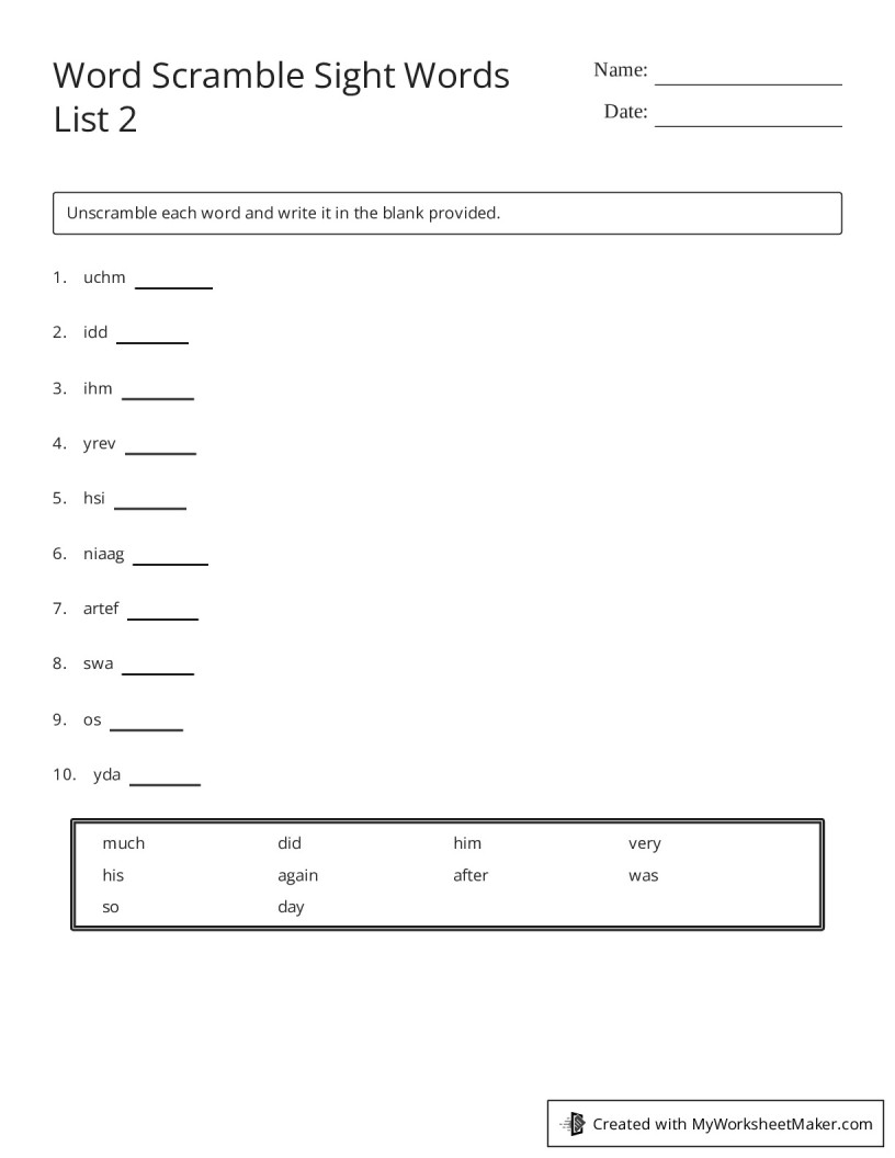 Word Scramble Sight Words List 2 - My Worksheet Maker: Create Your Own ...