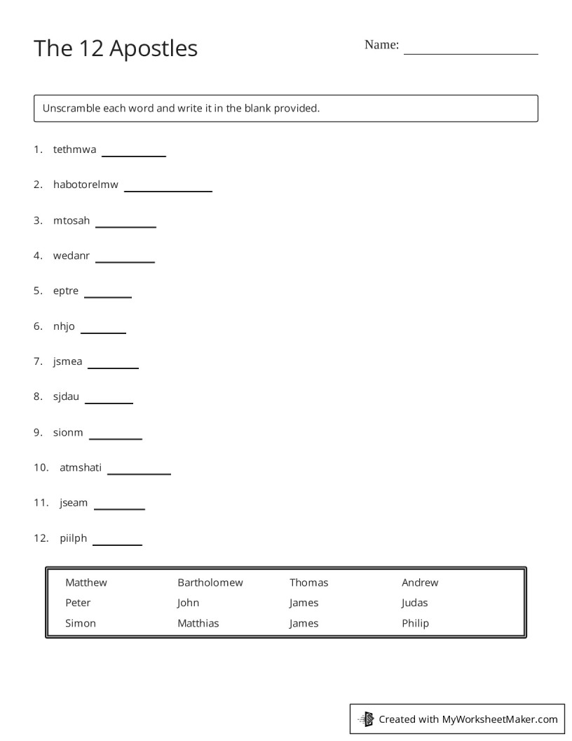 The 12 Apostles - My Worksheet Maker: Create Your Own Worksheets