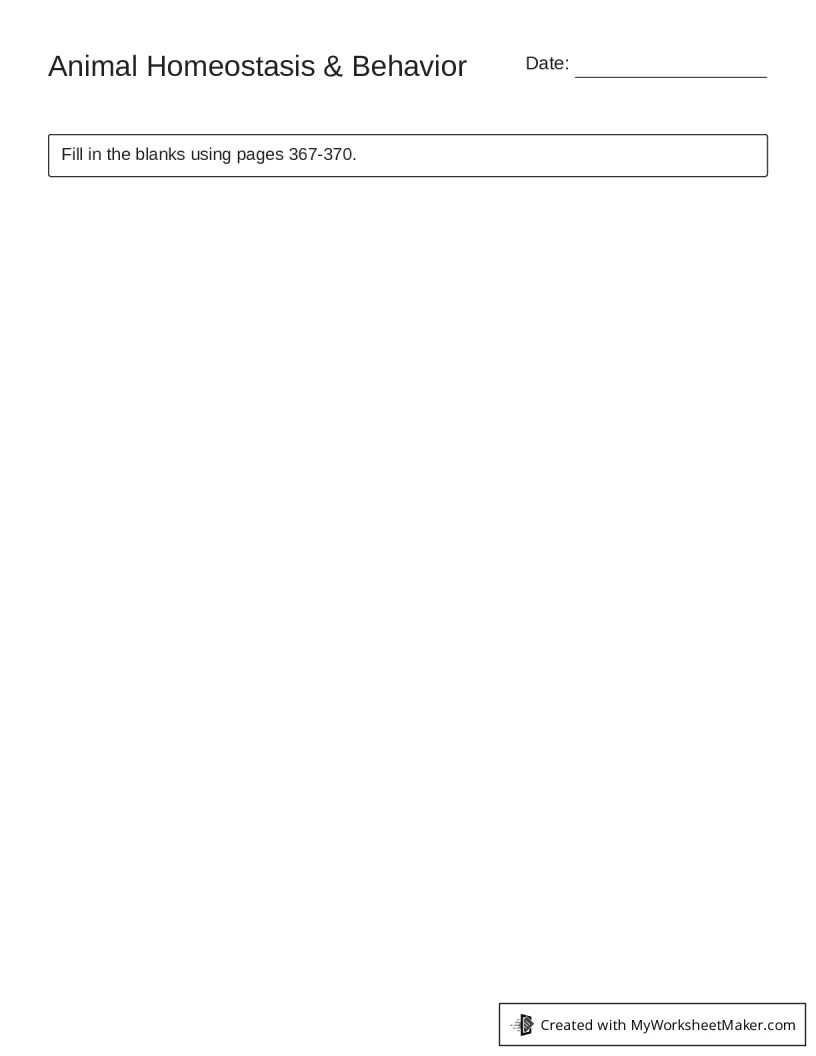 Animal Homeostasis & Behavior - My Worksheet Maker: Create Your Own ...