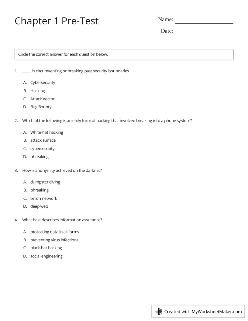 Chapter 1 Pre-Test - My Worksheet Maker: Create Your Own Worksheets