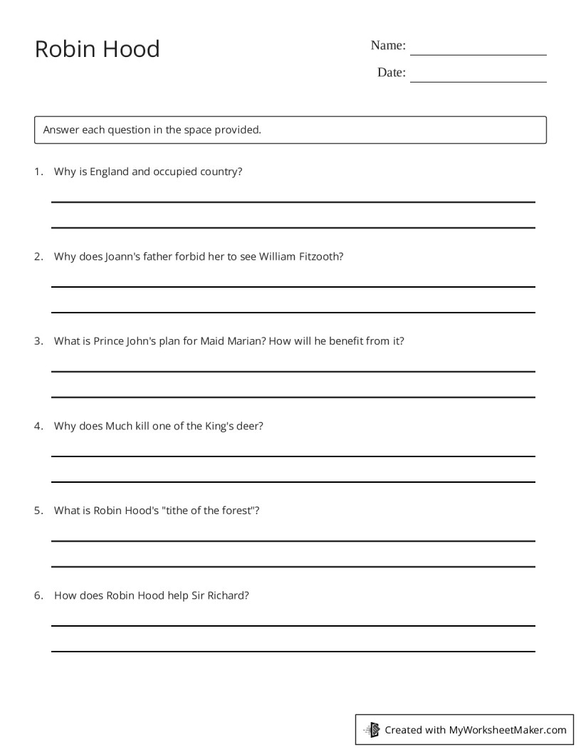 Robin Hood - My Worksheet Maker: Create Your Own Worksheets