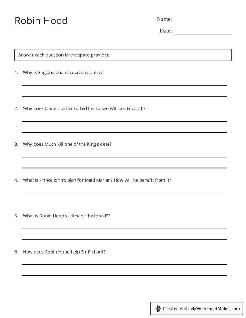 Robin Hood - My Worksheet Maker: Create Your Own Worksheets