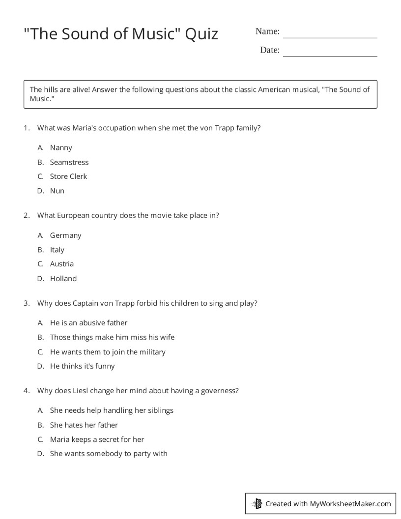 "The Sound of Music" Quiz - My Worksheet Maker: Create Your Own Worksheets