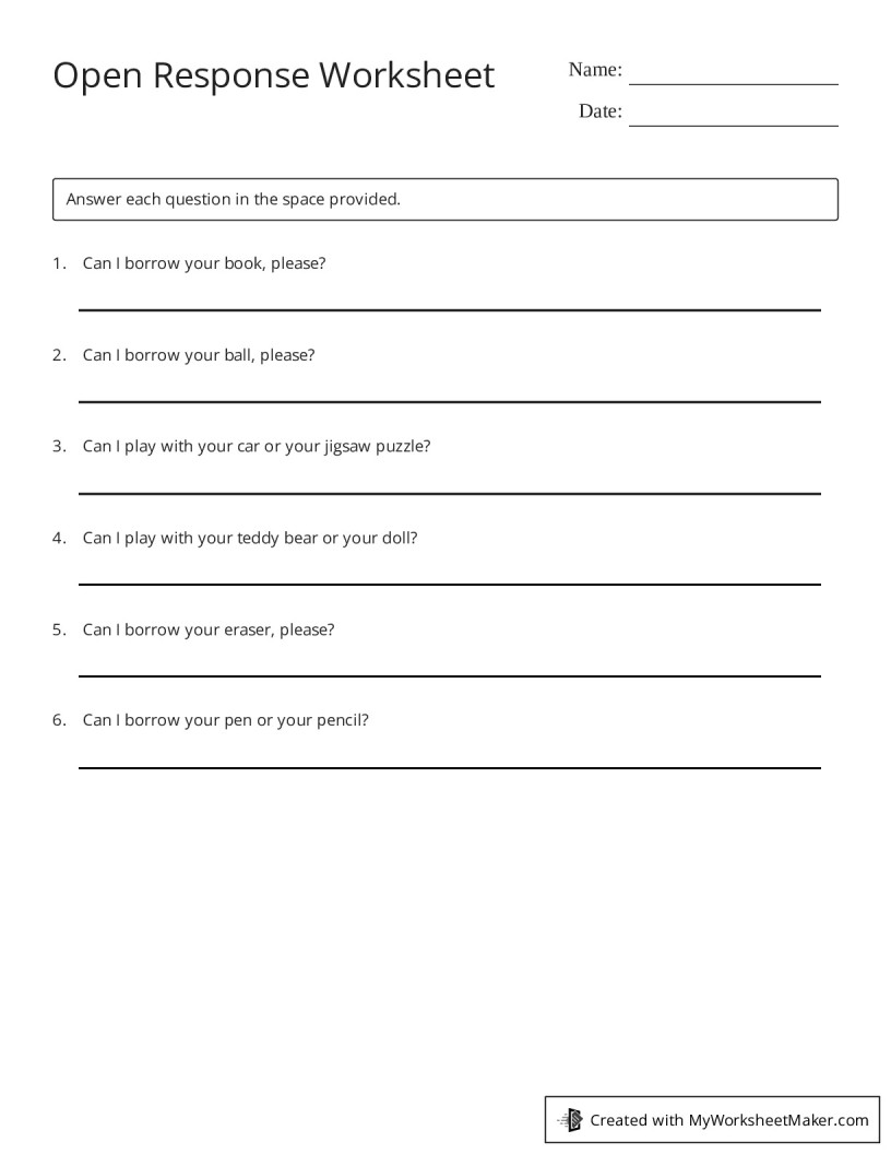 Open Response Worksheet - My Worksheet Maker: Create Your Own Worksheets