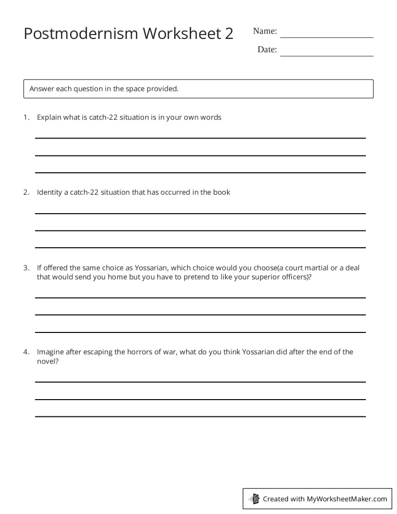 Postmodernism Worksheet 2 - My Worksheet Maker: Create Your Own Worksheets