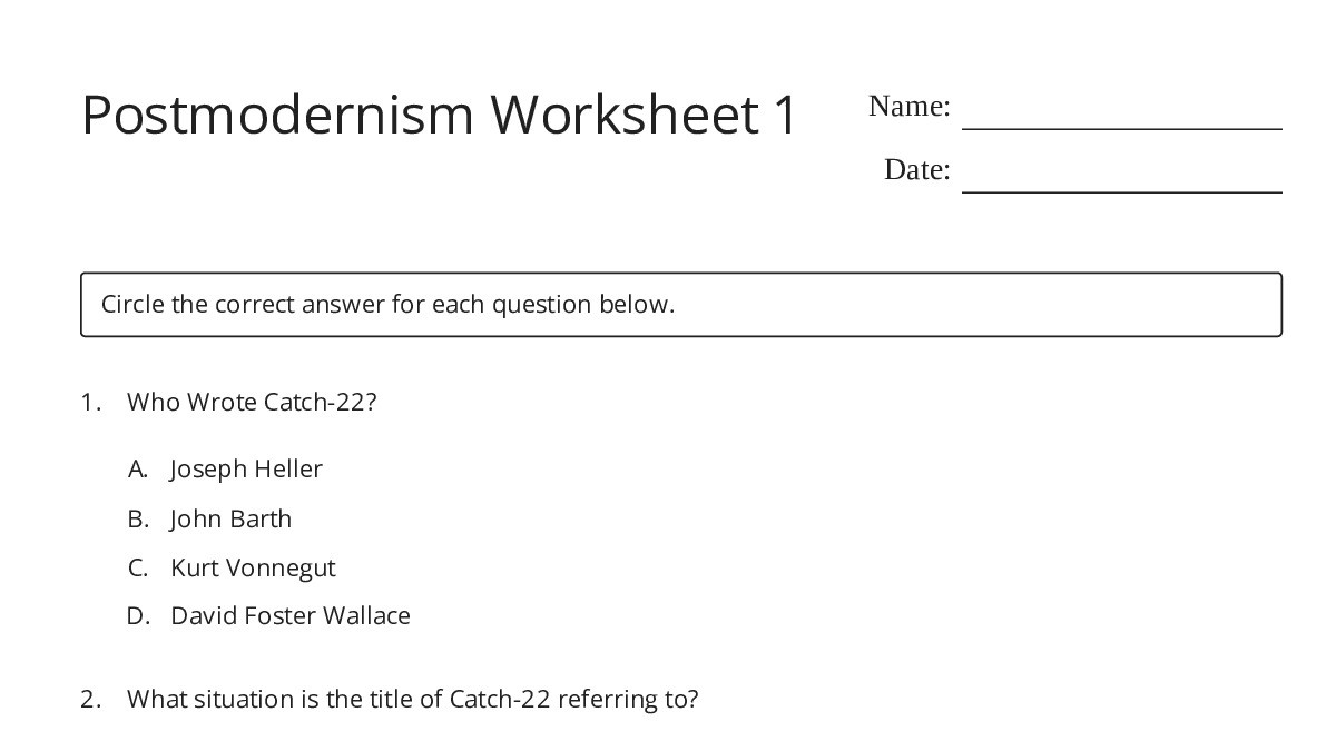 Postmodernism Worksheet 1 - My Worksheet Maker: Create Your Own Worksheets