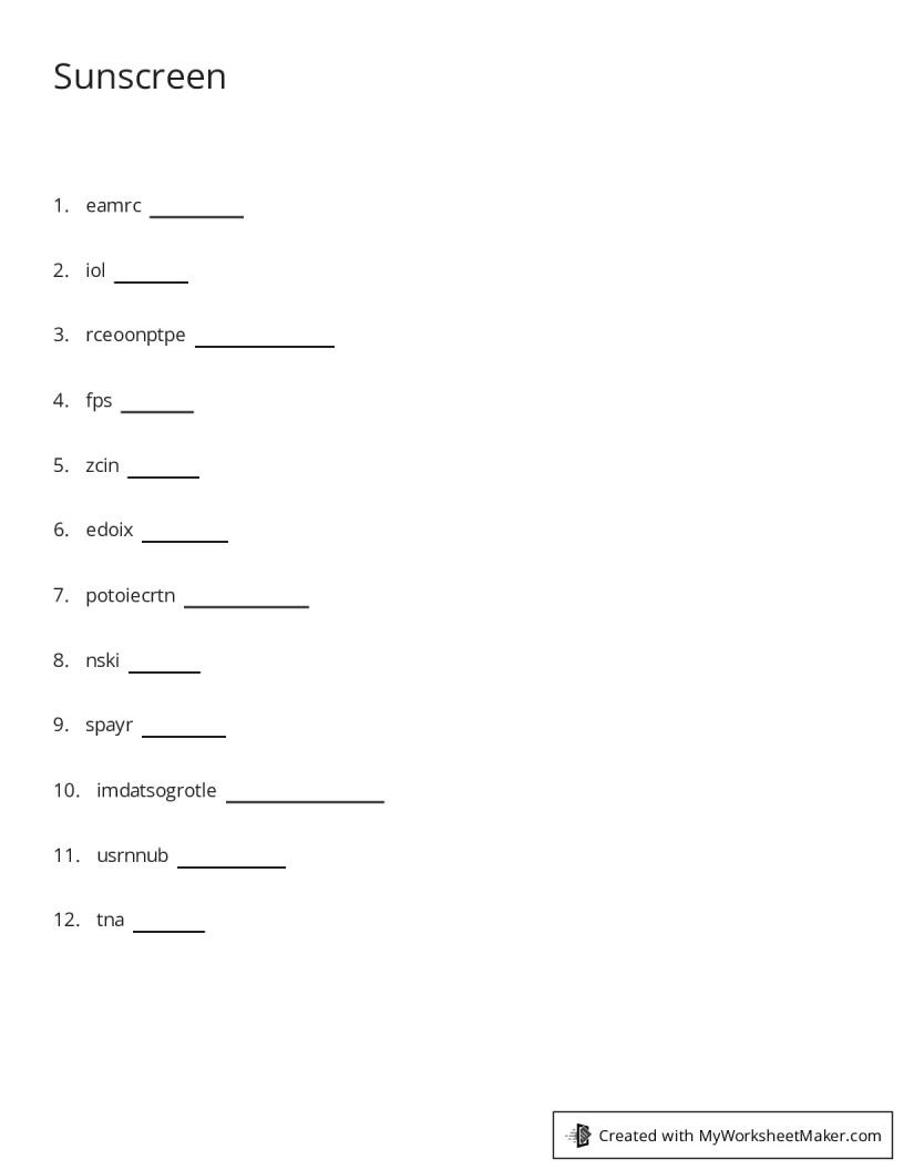 Sunscreen - My Worksheet Maker: Create Your Own Worksheets