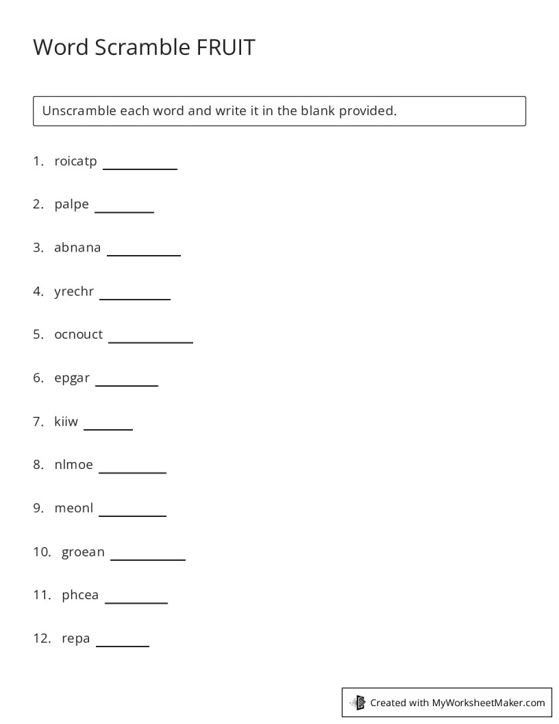 Word Scramble FRUIT - My Worksheet Maker: Create Your Own Worksheets
