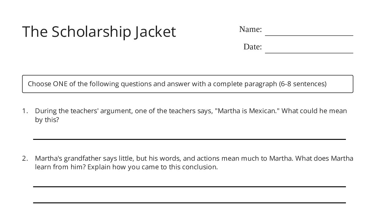 The Scholarship Jacket - My Worksheet Maker: Create Your Own Worksheets
