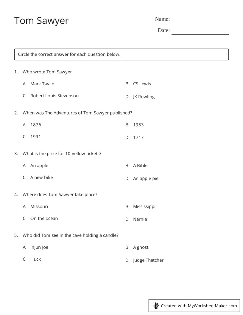Tom Sawyer - My Worksheet Maker: Create Your Own Worksheets