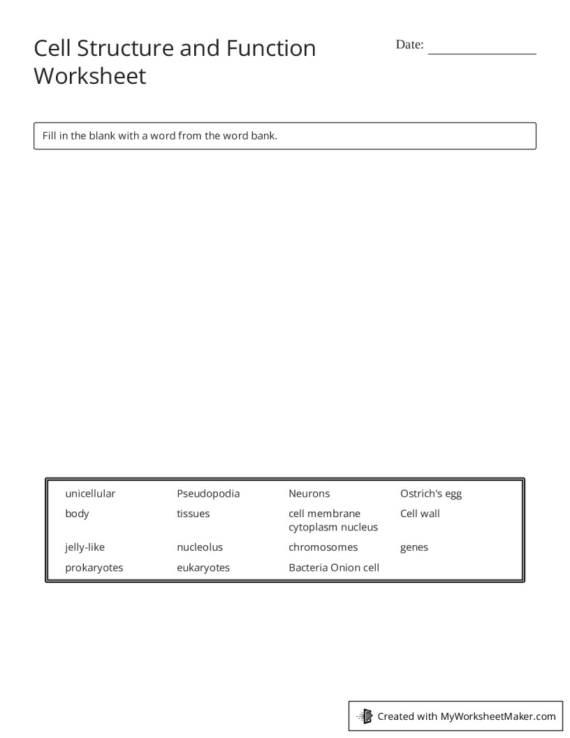Cell Structure and Function Worksheet - My Worksheet Maker: Create Your ...