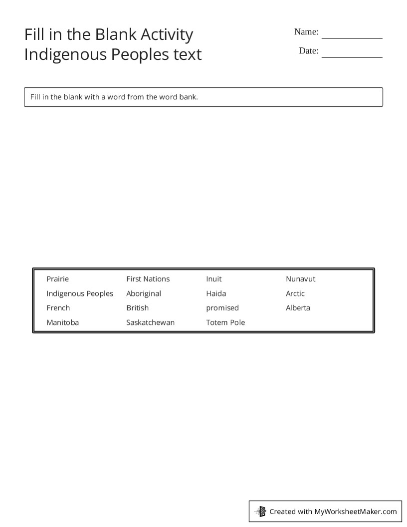 Fill in the Blank Activity Indigenous Peoples text - My Worksheet Maker ...