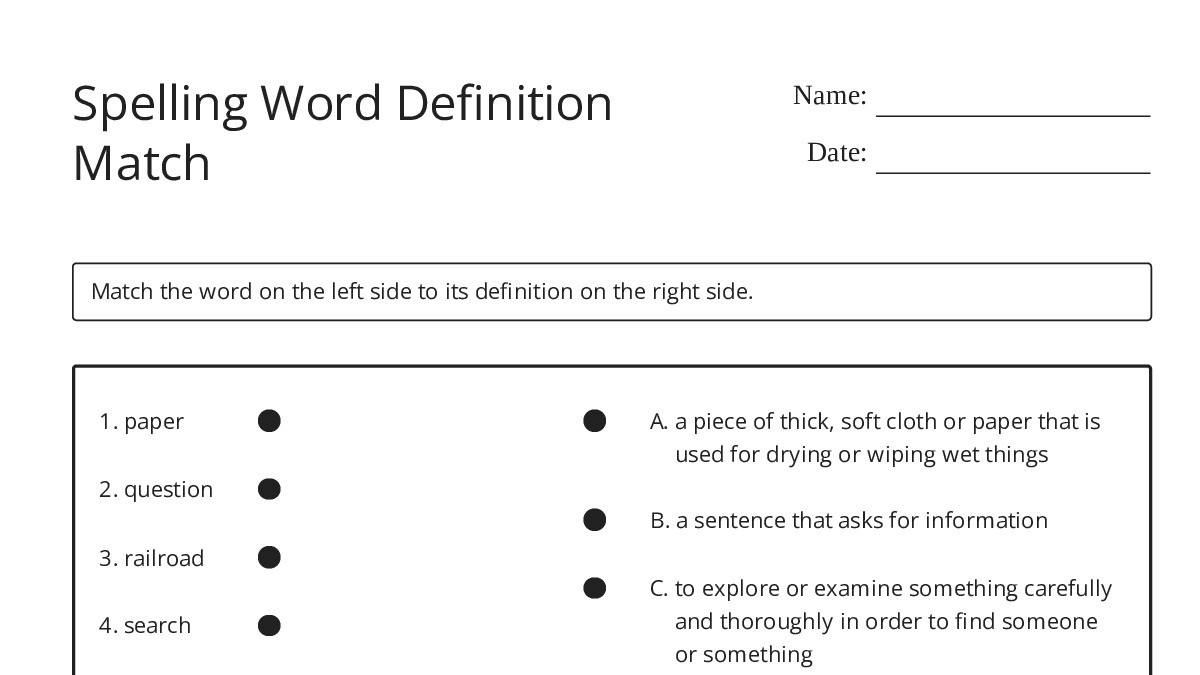 Spelling Word Definition Match - My Worksheet Maker: Create Your Own ...
