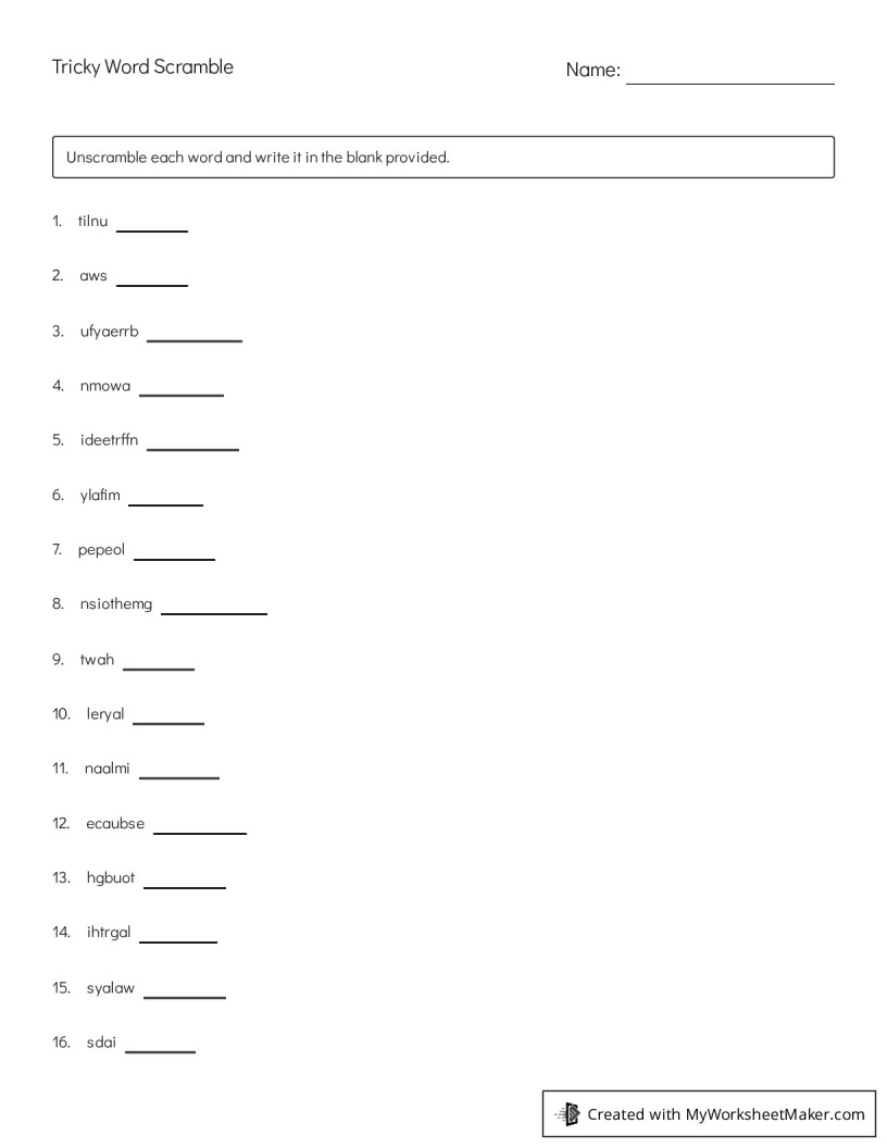 Tricky Word Scramble - My Worksheet Maker: Create Your Own Worksheets