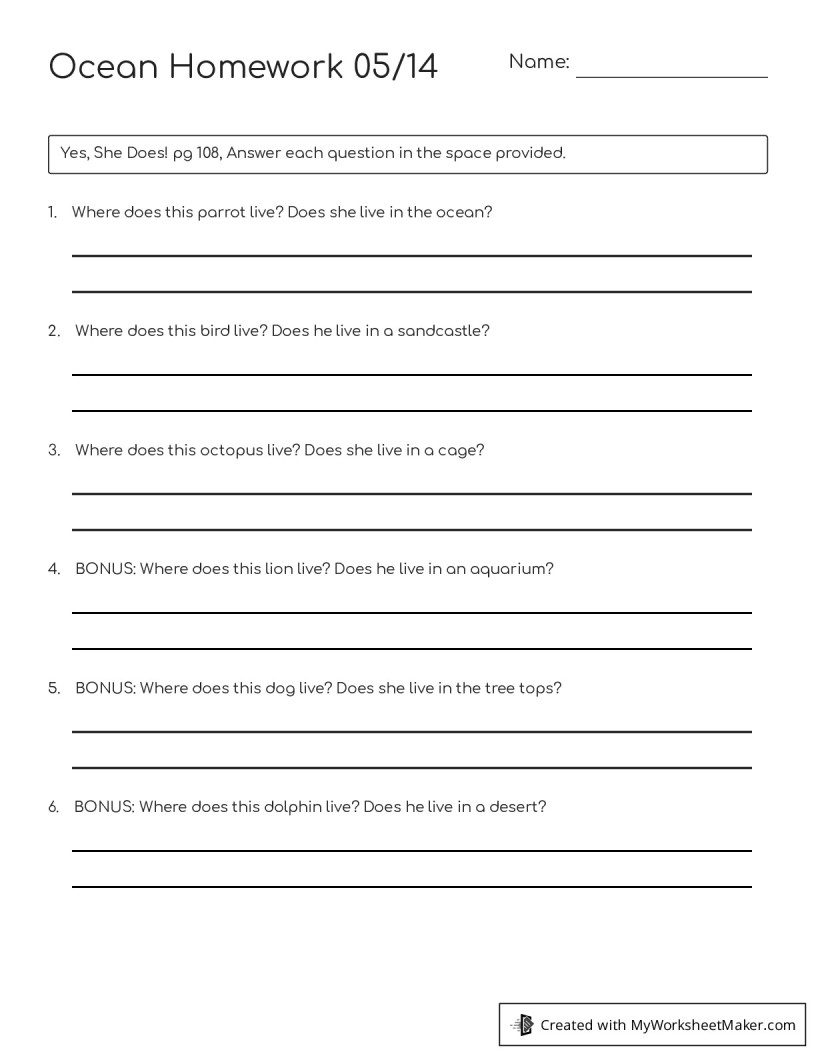 Ocean Homework 05/14 - My Worksheet Maker: Create Your Own Worksheets