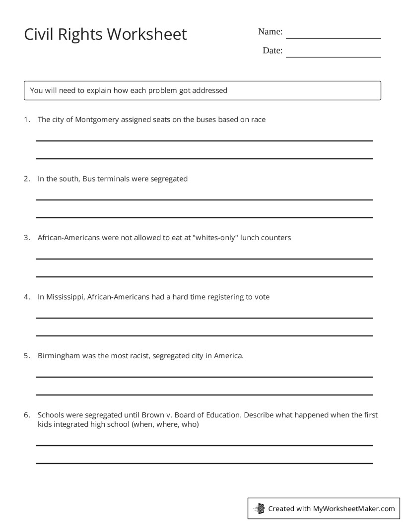 Civil Rights Worksheet - My Worksheet Maker: Create Your Own Worksheets