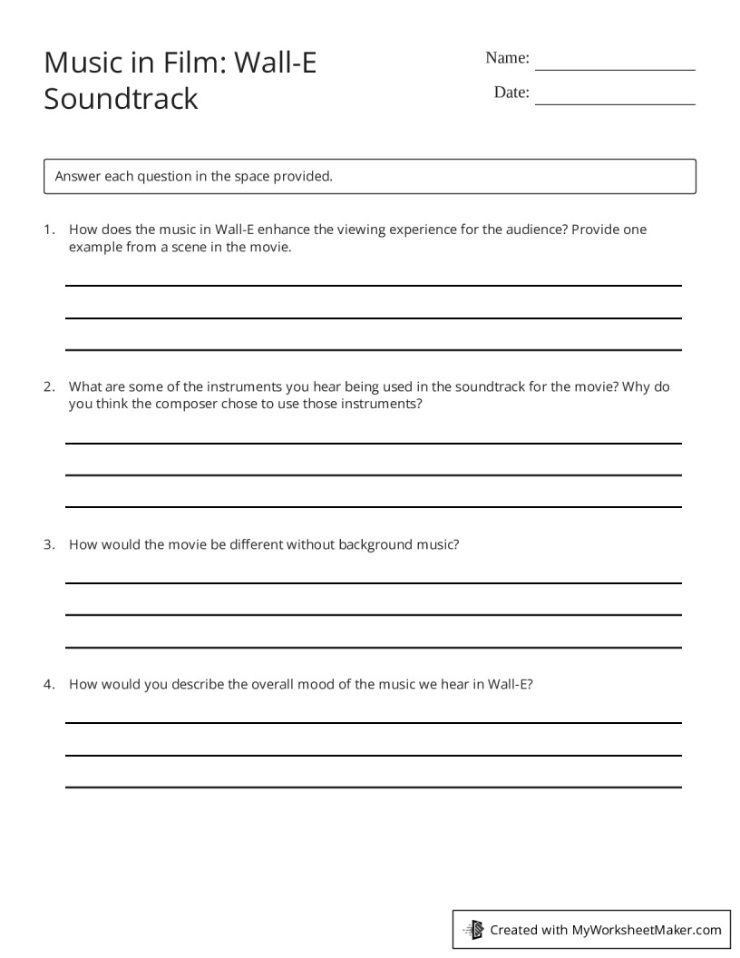 Music in Film: Wall-E Soundtrack - My Worksheet Maker: Create Your Own ...