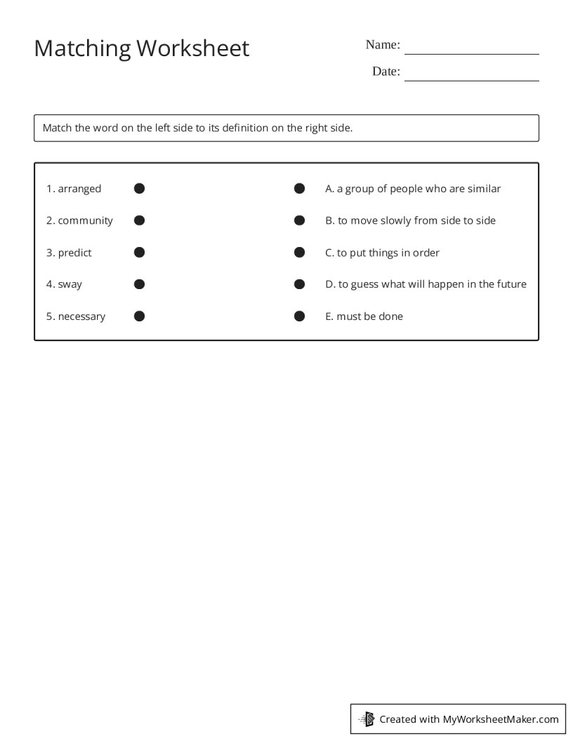 Matching Worksheet - My Worksheet Maker: Create Your Own Worksheets