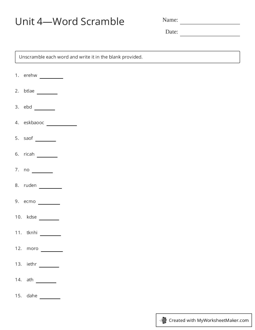 Unit 4—Word Scramble - My Worksheet Maker: Create Your Own Worksheets