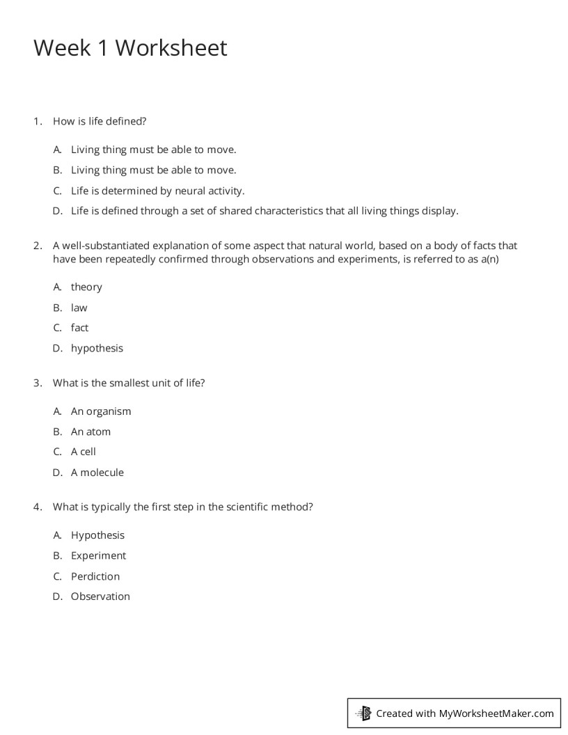 Week 1 Worksheet - My Worksheet Maker: Create Your Own Worksheets