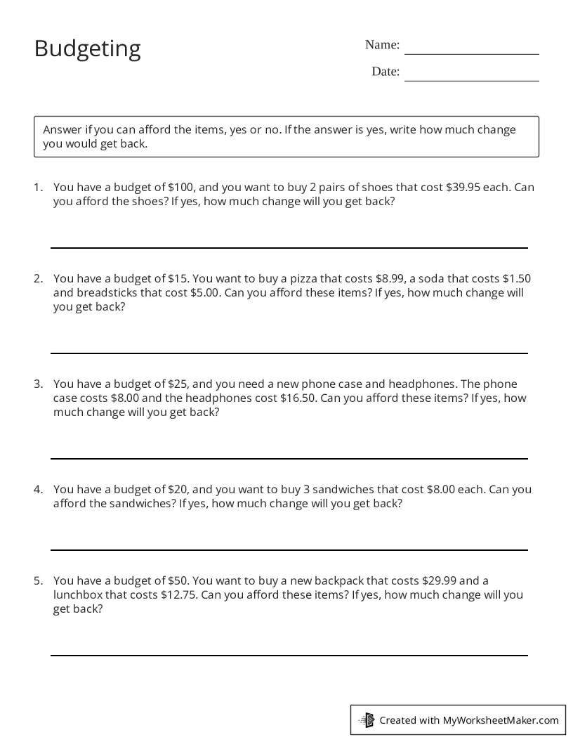 Budgeting - My Worksheet Maker: Create Your Own Worksheets