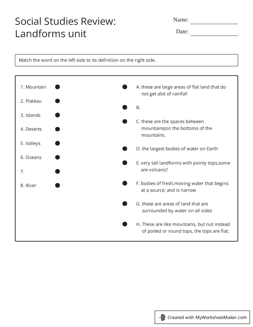 Social Studies Review: Landforms unit - My Worksheet Maker: Create Your ...