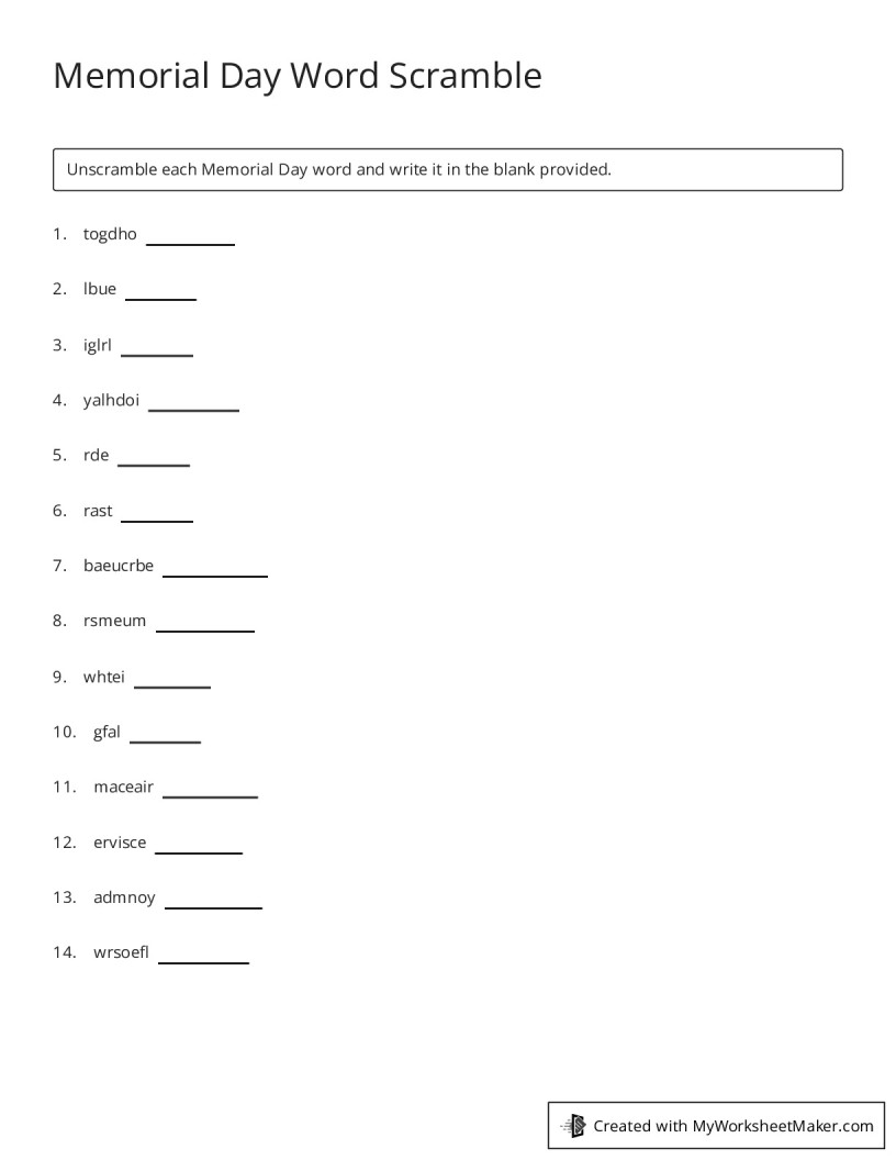 Memorial Day Word Scramble - My Worksheet Maker: Create Your Own Worksheets